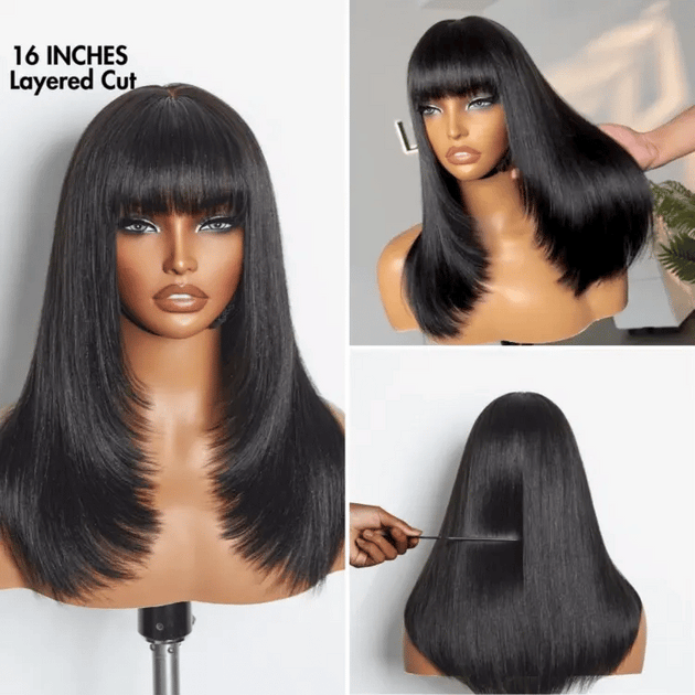 Silky Straight Layered Cut Glueless Wig With Bangs HD Lace Lace Front ...