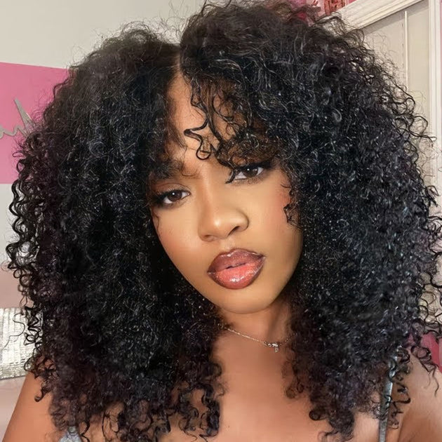Afro Kinky Curly Wig with Bangs | Pre Cut Lace Glueless Closure/Frontal ...