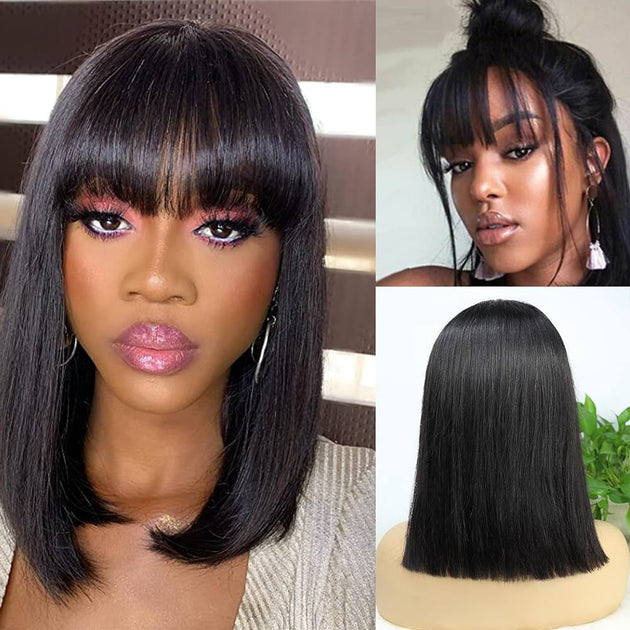 Glueless Straight BOB Wig With Bangs 1x2.75 Natural Top Scalp HD Lace ...