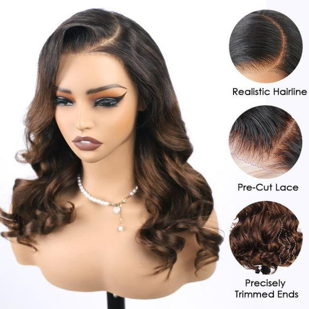 Body Wave Glueless Left C Part Wig Bleached Knots Pre Cut 8X5 HD Lace ...