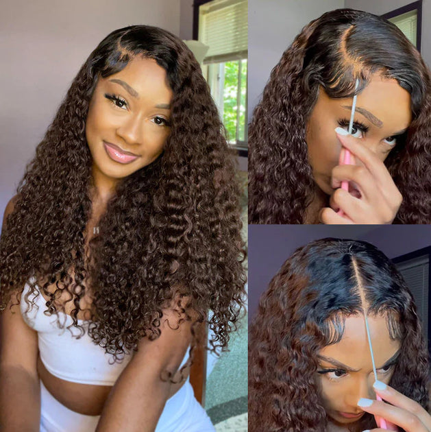 1B/4 Highlight Ombre Wig Chocolate Color Deep Wave Remy Human Hair Lac ...