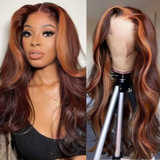 Money Piece Highlight 13x4 Lace Front Wigs Body Wave Pre Plucked Gluel ...