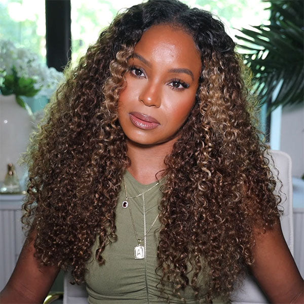 #412 Highlight V Part Curly Wig With Dark Roots No Leave Out Honey Blo ...