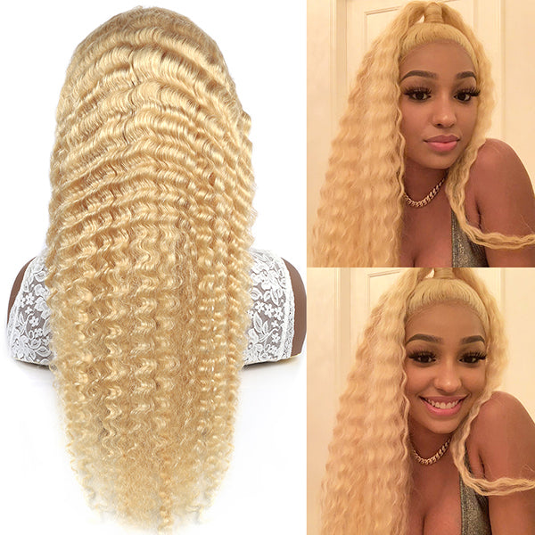 613 Blonde Color 13x6 Transparent Lace Front Wig Deep Wave Human Hair ...