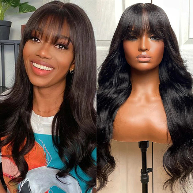 Body Wave 2x4 HD Lace Glueless Human Hair Wigs With Bangs For Black Wo ...