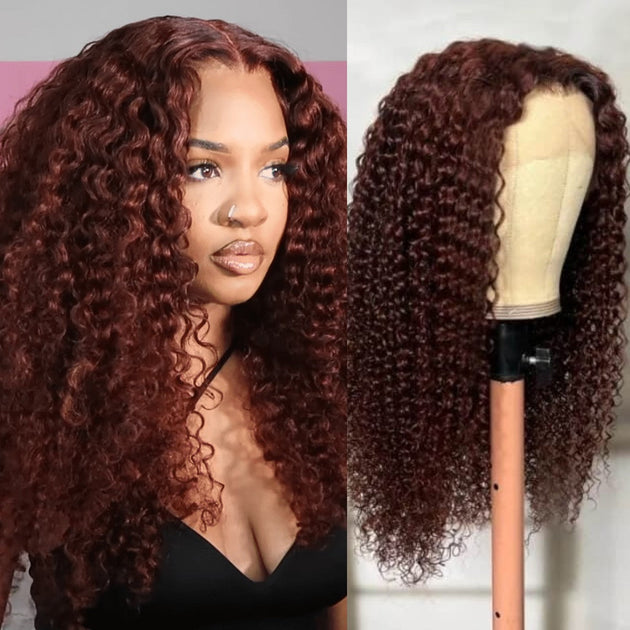 #33 Red Brown Auburn Color Skin Melt HD Lace 13x4 Curly Human Hair Wig ...