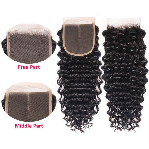 3 Bundles with Closure Brazilian Deep HD Lace Wave 10A Unprocessed Vir ...