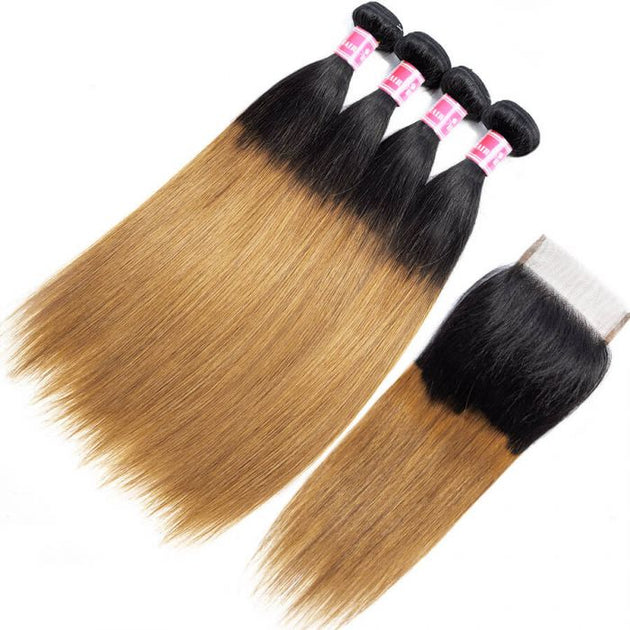 1B/30 Ombre Brazilian Virgin Straight Hair 4 Bundles With Lace Closure ...